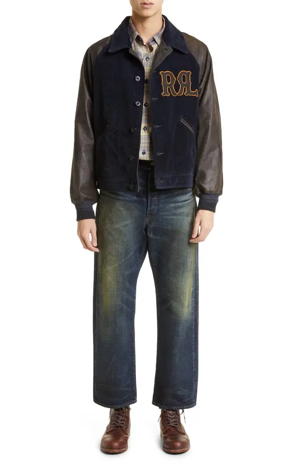 Double Rl Logo Leather Sleeve Corduroy Varsity Jacket In Black